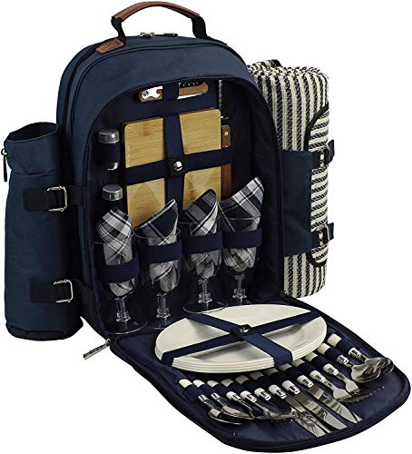 Picnic Backpack for 4 | Picnic Basket | Stylish All-in-One Portable Picnic Bag with Complete Cutlery Set, Stainless Steel S/P Shakers | Picnic Blanket Waterproof Extra Large| Cooler Bag for Camping