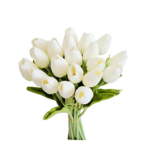 Mandy's 20pcs White Flowers Artificial Tulip Silk Flowers 13.5" for Easter Day Home Kitchen Wedding Decorations