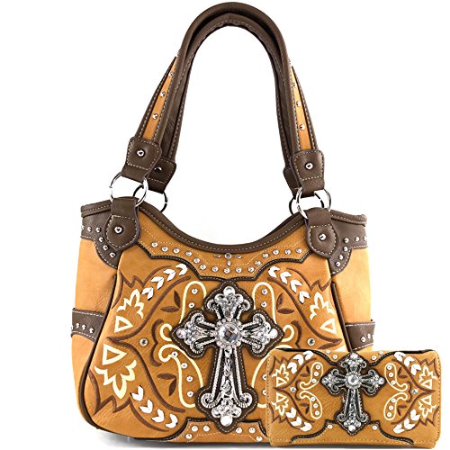 Justin West Western Concealed Carry Bohemian Cross Paisley Weaved Leather Embroidery Flower Leaf Tote | Handbag | Messenger | Trifold Wallet (Tan Tote & Wallet Set)