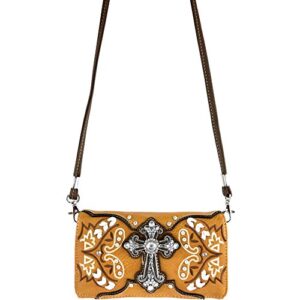 Justin West Western Concealed Carry Bohemian Cross Paisley Weaved Leather Embroidery Flower Leaf Tote | Handbag | Messenger | Trifold Wallet (Tan Tote & Wallet Set)