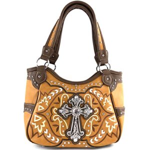 Justin West Western Concealed Carry Bohemian Cross Paisley Weaved Leather Embroidery Flower Leaf Tote | Handbag | Messenger | Trifold Wallet (Tan Tote & Wallet Set)