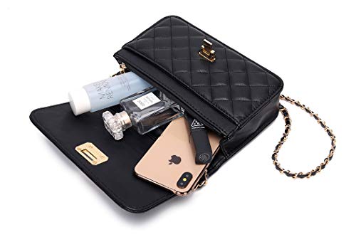 HAKSIM Women Black Quilted Purse Lattice Clutch Small Crossbody Shoulder Bag with Chain Strap Leather