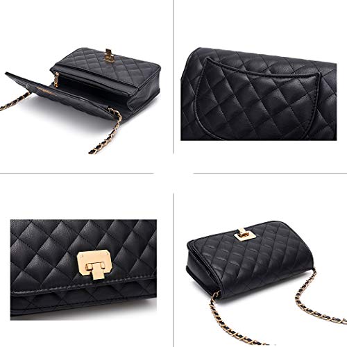 HAKSIM Women Black Quilted Purse Lattice Clutch Small Crossbody Shoulder Bag with Chain Strap Leather