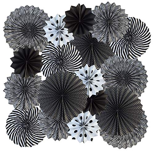 18pcs Party Hanging Paper Fans Set Black White Round Paper Fans Decorative Pattern Folding Fans Halloween Hanging Paper Fan Garlands for Halloween Birthday Wedding Graduation Events Accessories