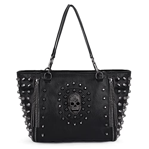 UTO Women Skull Tote Bag PU Washed Leather Rivet Studded Ladies Purse Shoulder Bag