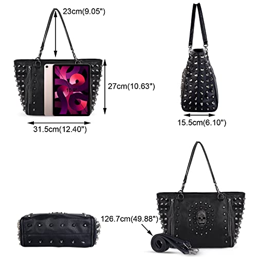 UTO Women Skull Tote Bag PU Washed Leather Rivet Studded Ladies Purse Shoulder Bag