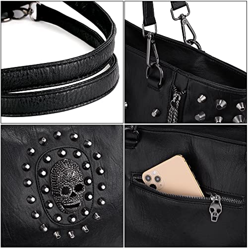 UTO Women Skull Tote Bag PU Washed Leather Rivet Studded Ladies Purse Shoulder Bag