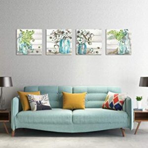 Flower Painting Wall Art Watercolor MasonJar Floral Picture Artwork 4 Panel Modern Oil Painting Print on Canvas for Bedroom Living Ready to Hang