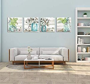 Flower Painting Wall Art Watercolor MasonJar Floral Picture Artwork 4 Panel Modern Oil Painting Print on Canvas for Bedroom Living Ready to Hang