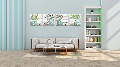 Flower Painting Wall Art Watercolor MasonJar Floral Picture Artwork 4 Panel Modern Oil Painting Print on Canvas for Bedroom Living Ready to Hang