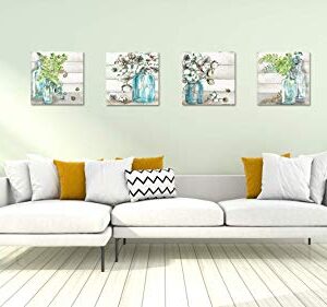 Flower Painting Wall Art Watercolor MasonJar Floral Picture Artwork 4 Panel Modern Oil Painting Print on Canvas for Bedroom Living Ready to Hang