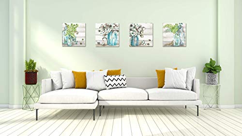 Flower Painting Wall Art Watercolor MasonJar Floral Picture Artwork 4 Panel Modern Oil Painting Print on Canvas for Bedroom Living Ready to Hang