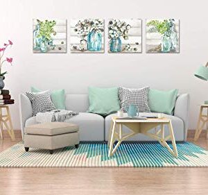 Flower Painting Wall Art Watercolor MasonJar Floral Picture Artwork 4 Panel Modern Oil Painting Print on Canvas for Bedroom Living Ready to Hang