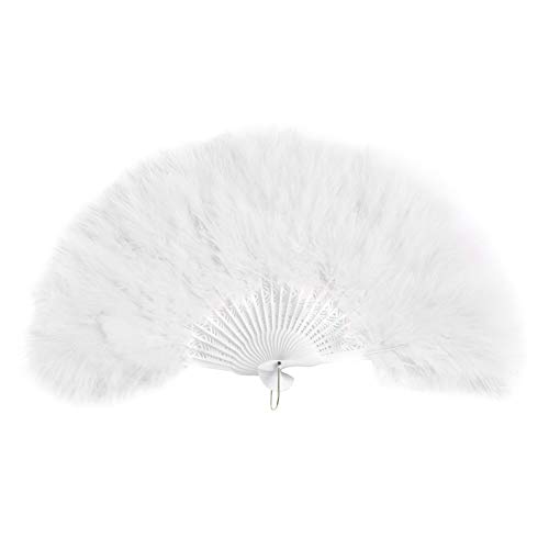 AWAYTR Vintage Marabou Feather Fan - Hand Held Folding Fan Accessories for Halloween Party (White)