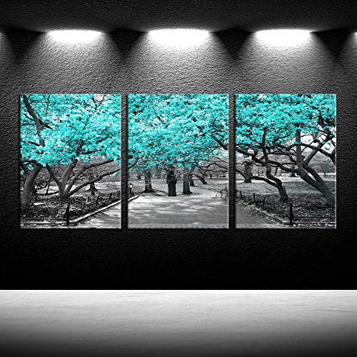 iKNOW FOTO 3 Pieces Canvas Wall Art for Bedroom Black White and Teal Cherry Blossom Trees Picture Giclee Prints Home Decor Modern Framed Artwork for Dining Room Kitchen Bathroom Office 12x16inchx3