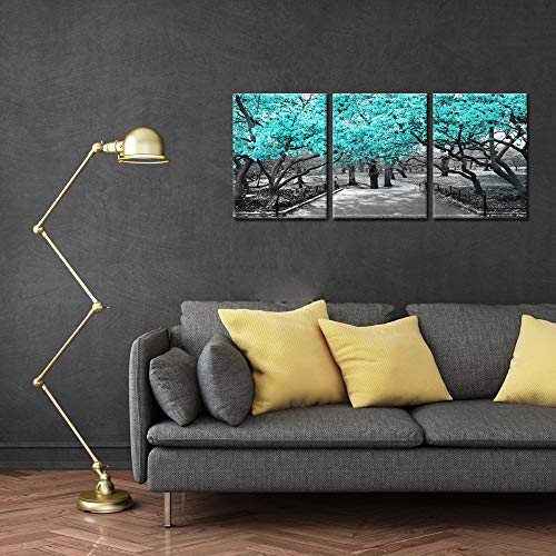 iKNOW FOTO 3 Pieces Canvas Wall Art for Bedroom Black White and Teal Cherry Blossom Trees Picture Giclee Prints Home Decor Modern Framed Artwork for Dining Room Kitchen Bathroom Office 12x16inchx3