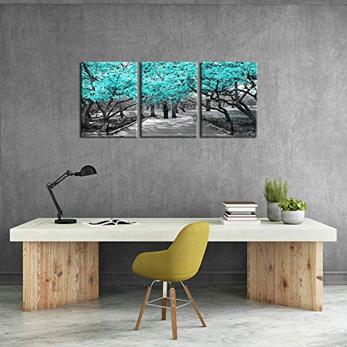 iKNOW FOTO 3 Pieces Canvas Wall Art for Bedroom Black White and Teal Cherry Blossom Trees Picture Giclee Prints Home Decor Modern Framed Artwork for Dining Room Kitchen Bathroom Office 12x16inchx3