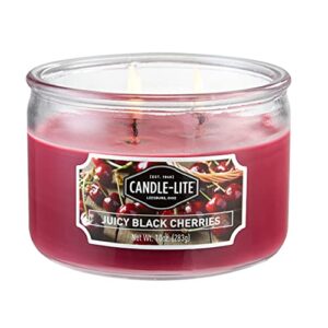 candle-lite scented juicy black cherries fragrance, one 10oz. 3-wick aromatherapy candle with 20-40 hours of burn time, dark red color, 10 oz