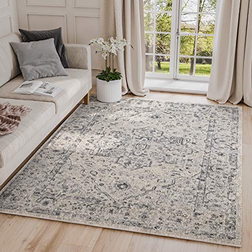 Abani Rugs 7'9" x 10'2" Grey & Blue Geometric Floral Motif Area Rug - Troy Collection Distressed Style Accent Rug