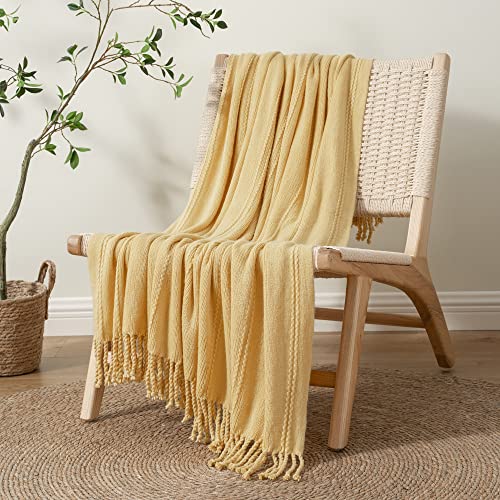 BATTILO HOME Yellow Throw Blanket for Couch, Knit Gold Throw Blankets Decorative Yellow Throws with Tassels for Bed Sofa Home Decor, 50"x60"