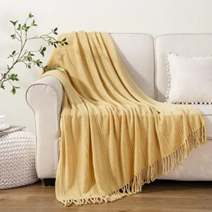 BATTILO HOME Yellow Throw Blanket for Couch, Knit Gold Throw Blankets Decorative Yellow Throws with Tassels for Bed Sofa Home Decor, 50"x60"