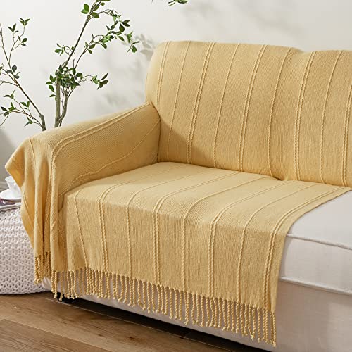 BATTILO HOME Yellow Throw Blanket for Couch, Knit Gold Throw Blankets Decorative Yellow Throws with Tassels for Bed Sofa Home Decor, 50"x60"