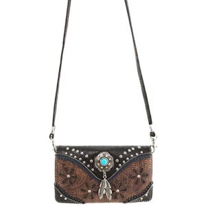 Justin West Turquoise Stone Concho Feathers Western Tooled Studs Concealed Carry Handbag Purse (Brown Wallet Only)