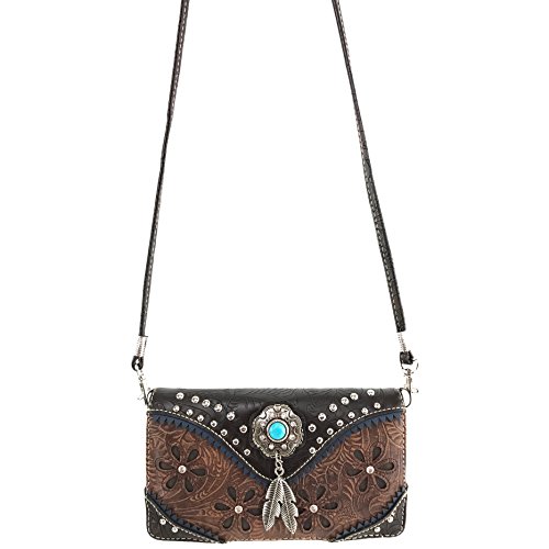 Justin West Turquoise Stone Concho Feathers Western Tooled Studs Concealed Carry Handbag Purse (Brown Wallet Only)