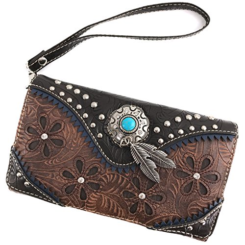 Justin West Turquoise Stone Concho Feathers Western Tooled Studs Concealed Carry Handbag Purse (Brown Wallet Only)