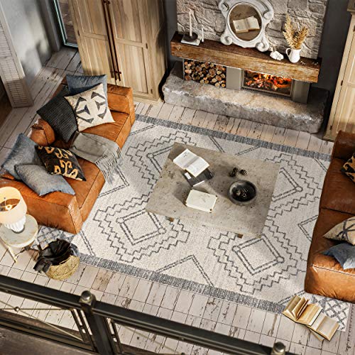 JONATHAN Y MOH200B-8 Amir Moroccan Beni Souk Indoor Area-Rug Bohemian Farmhouse Rustic Geometric Easy-Cleaning Bedroom Kitchen Living Room Non Shedding, 8 X 10, Cream,Gray