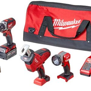 Milwaukee 2695-24 M18 18V Cordless Power Tool Combo Kit with Hammer Drill, Impact Driver, Reciprocating Saw, and Work Light (2 Batteries, Charger, and Tool Case Included)