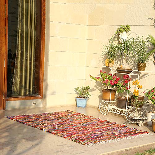 RAJRANG BRINGING RAJASTHAN TO YOU Reversible Chindi Rug 4x6 feet Bohemian Tassel Rugs and Braided Runner for Living Room Decor