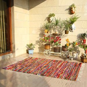 RAJRANG BRINGING RAJASTHAN TO YOU Reversible Chindi Rug 4x6 feet Bohemian Tassel Rugs and Braided Runner for Living Room Decor