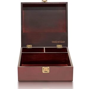 Wooden Storage box with Compartments and Key Lock - Locking Keepsake Box for Collectibles - Decorative Wood Box with Hinged Lid (Dark Brown)