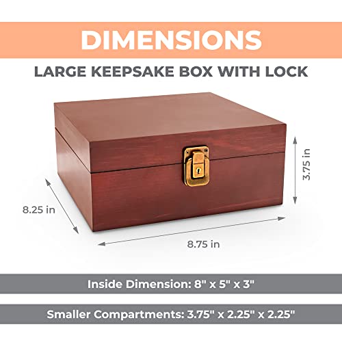 Wooden Storage box with Compartments and Key Lock - Locking Keepsake Box for Collectibles - Decorative Wood Box with Hinged Lid (Dark Brown)