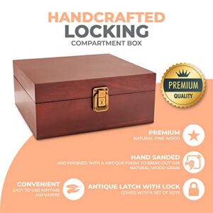 Wooden Storage box with Compartments and Key Lock - Locking Keepsake Box for Collectibles - Decorative Wood Box with Hinged Lid (Dark Brown)