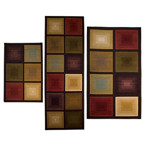 Optic Squares 3 Piece Rug and Runner Set with Non-Skid Backing. Perfect for Kitchen, Living Room, Hallway and More.