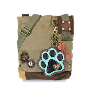 chala canvas crossbody messenger handbags with keyfob/coin purse – (green paw) (olive -teal paw)