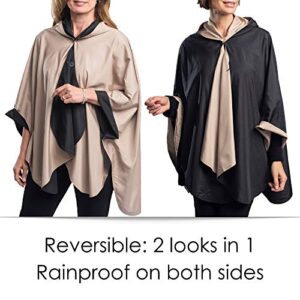 RainCaper Rain Poncho for Women - Ultrasoft Hooded Reversible Fashion Colors (Black & Camel) Rain Rolls Right Off!