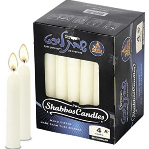 White Beeswax Shabbat Candles – Hand Dipped, Unbleached Traditional Shabbos Candles - 30 Pack - 4 Hour Burn Time - by Ner Mitzvah