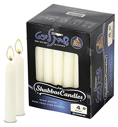 White Beeswax Shabbat Candles – Hand Dipped, Unbleached Traditional Shabbos Candles - 30 Pack - 4 Hour Burn Time - by Ner Mitzvah