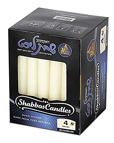 White Beeswax Shabbat Candles – Hand Dipped, Unbleached Traditional Shabbos Candles - 30 Pack - 4 Hour Burn Time - by Ner Mitzvah