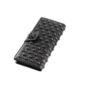 shinywear women’s black long skull studded purses genuine leather card holder wallet