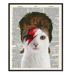 poster of david bowie cat wall art – 8×10 funny upcycled dictionary cat wall decor for vet, veterinarian office, home, bedroom – unique gift for 70s, 80s punk rock music, ziggy stardust fans