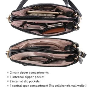 Dasein Women Lightweight Shoulder Purse Soft PU Leather Crossbody Bag Multi Pocket Travel Purses with Double Zipper (Black)