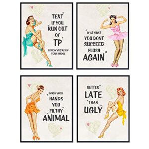 pinup girl vintage bathroom wall decor – pin up wall art – funny bathroom quotes – wash your hands you filthy animal sign – better late than ugly – bath wall decor – restroom decorations – 4 print set