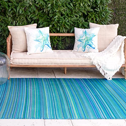 Fab Habitat Outdoor Rug - Waterproof, Fade Resistant, Crease-Free - Premium Recycled Plastic - Striped - Patio, Porch, Deck, Balcony, Sunroom - Cancun - Turquoise & Moss Green - 5 x 8 ft