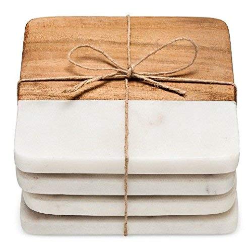 Frescorr (TM) - luxurious Atelier Marble and Wood Set of 4 Coasters, 4 x 4 inches for Drinks, Hot/Cold ,Coffee Mugs, Beer Cans ,Bar Glasses. Tea Table/Bar coasters