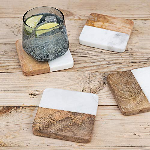 Frescorr (TM) - luxurious Atelier Marble and Wood Set of 4 Coasters, 4 x 4 inches for Drinks, Hot/Cold ,Coffee Mugs, Beer Cans ,Bar Glasses. Tea Table/Bar coasters