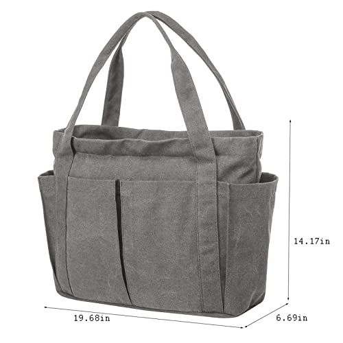 Large Canvas Tote Bags for Women, Black Travel Tote Bags with Zipper, Lightweight Utility Tote Bag with 4 Exterior Pockets, Perfect for Overnight Travel, Work, Shopping, Weekend Trips, Beach Days,Grey